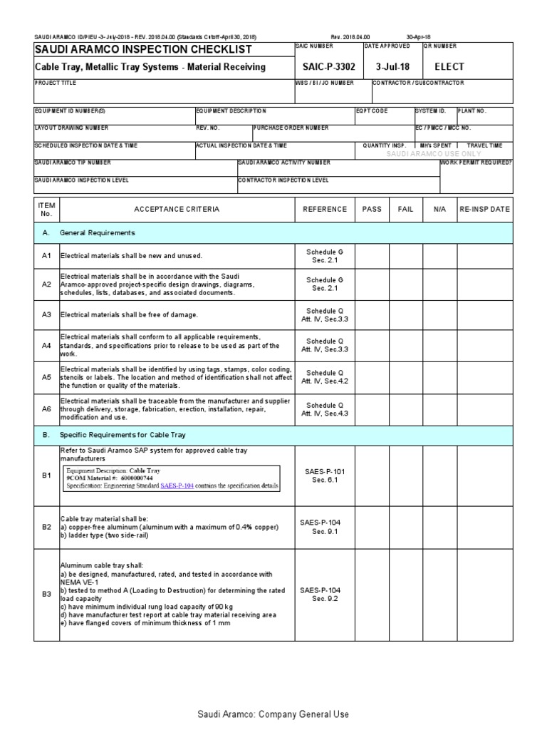 Saudi Aramco Inspection Checklist: Cable Tray, Metallic Tray Systems ...