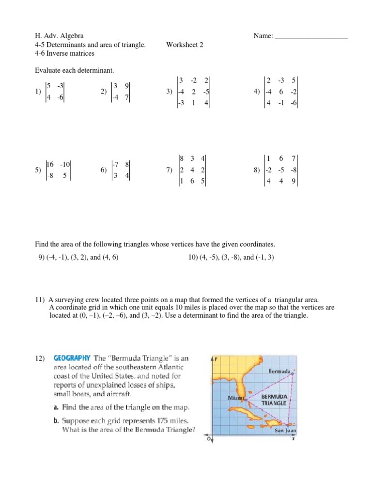 Matrix Determinants Inverses and Triangle Area Worksheet | PDF ...