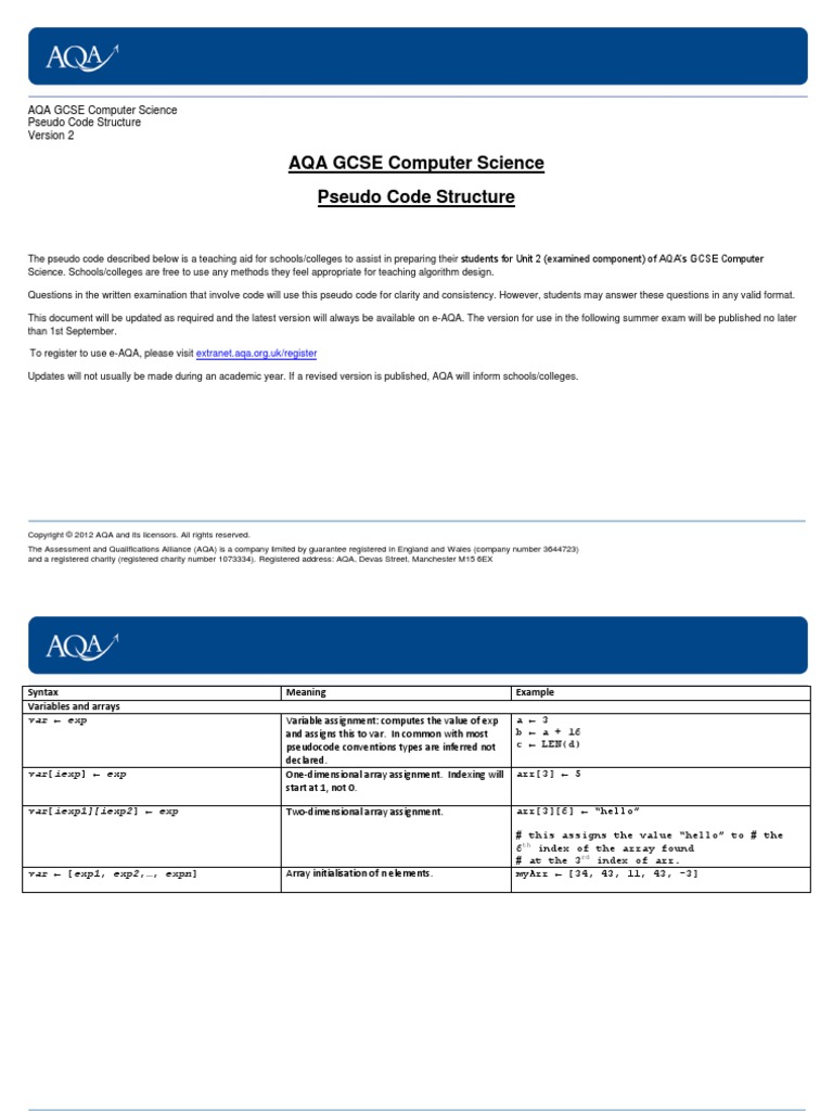AQA Pseudocode Specification | PDF | Control Flow | Subroutine