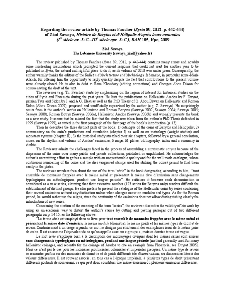 Regarding The Review Article by Thomas Faucher of Ziad Sawaya (BAAL ...
