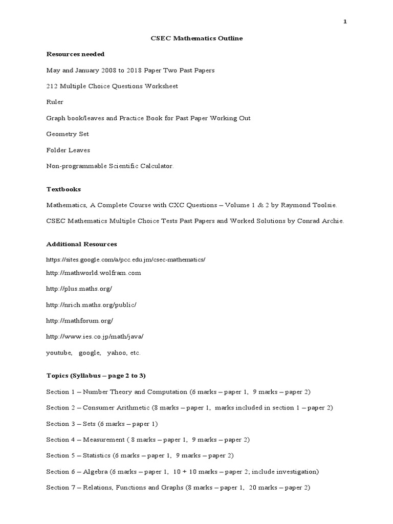 CSEC Mathematics Outline | PDF | Teaching Mathematics | Test (Assessment)