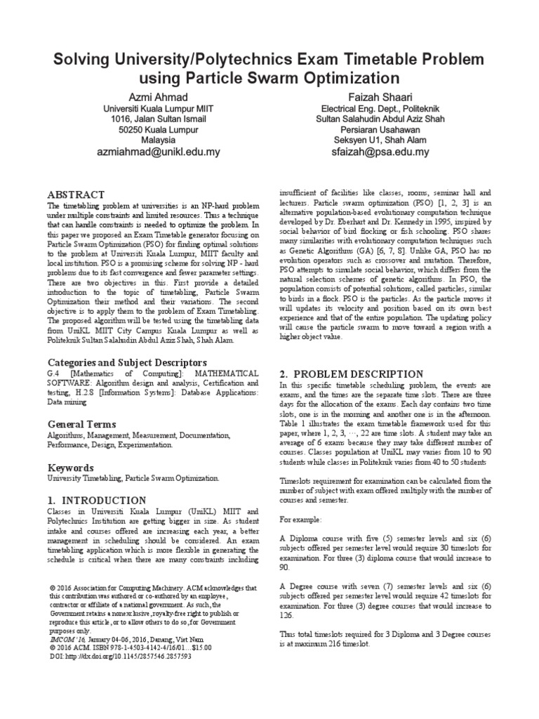 Solving University-Polytechnics Exam Timetable Problem Using Pso | PDF | Genetic Algorithm ...