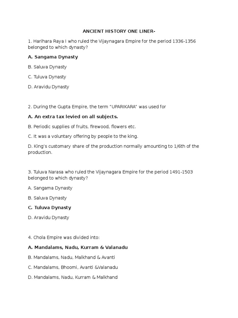 Ancient History One-Liners Quiz | PDF