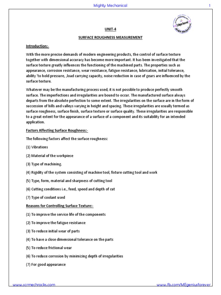 UNIT-4 Surface Roughness Measurement Introduction | PDF | Surface Roughness | Phonograph