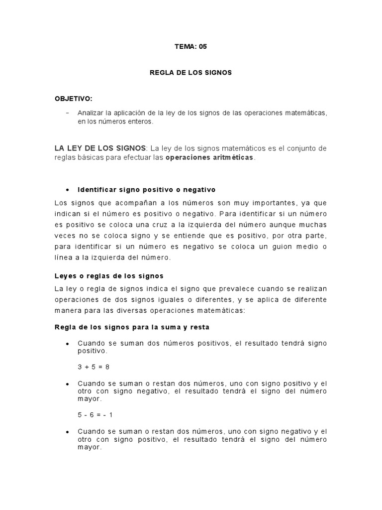 Tema 5, Regla de Los Signos | PDF | Números | División (Matemáticas)