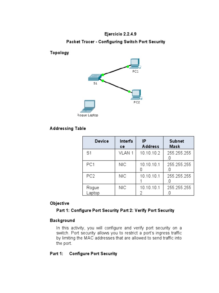 2 2 4 9 Packet Tracer Configuring Switch Port Security Instructions
