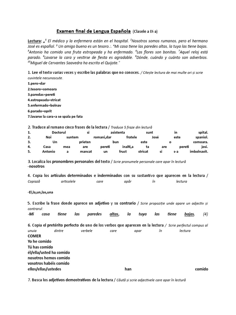 Examen Final de Lengua Española IX-A | PDF | Morfología Lingüística ...