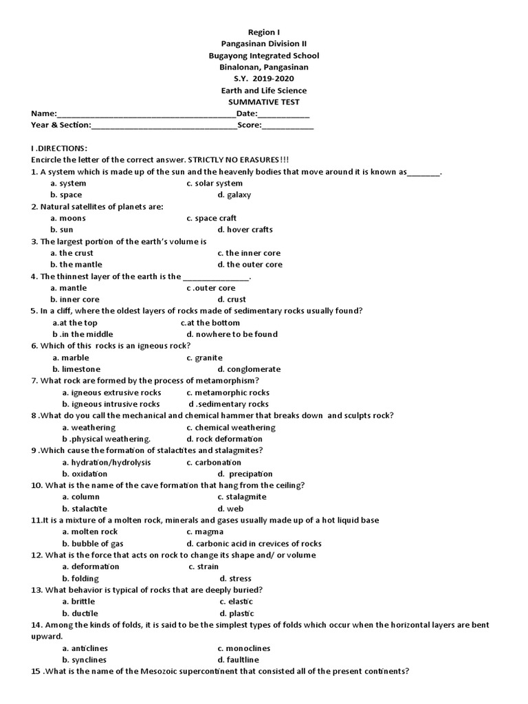 Earth Summative Test | PDF | Rock (Geology) | Volcano
