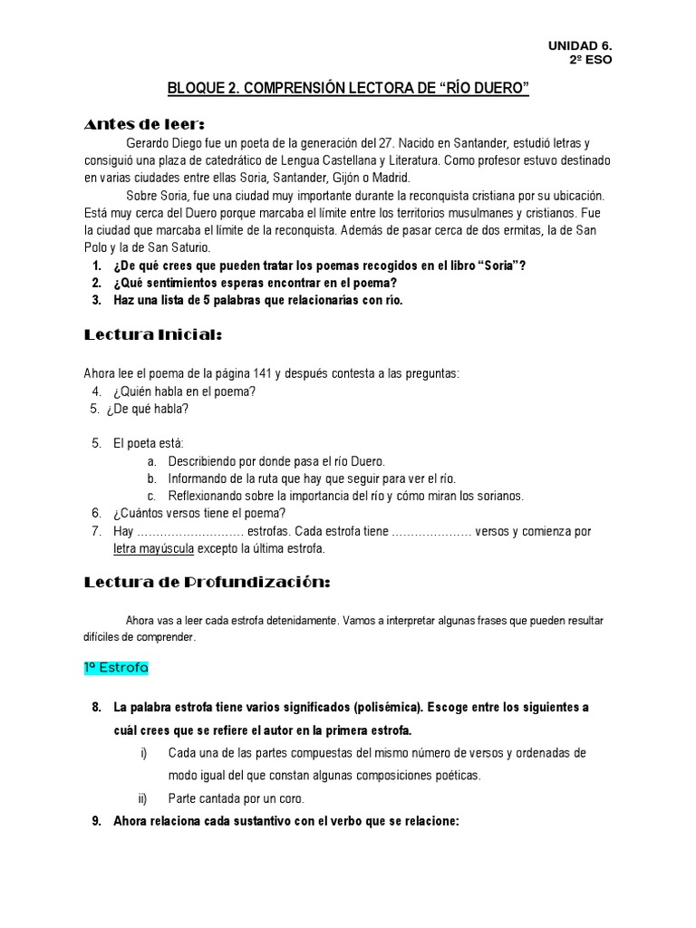 Comprensión Lectora: "Río Duero" | PDF | Poesía | Idiomas