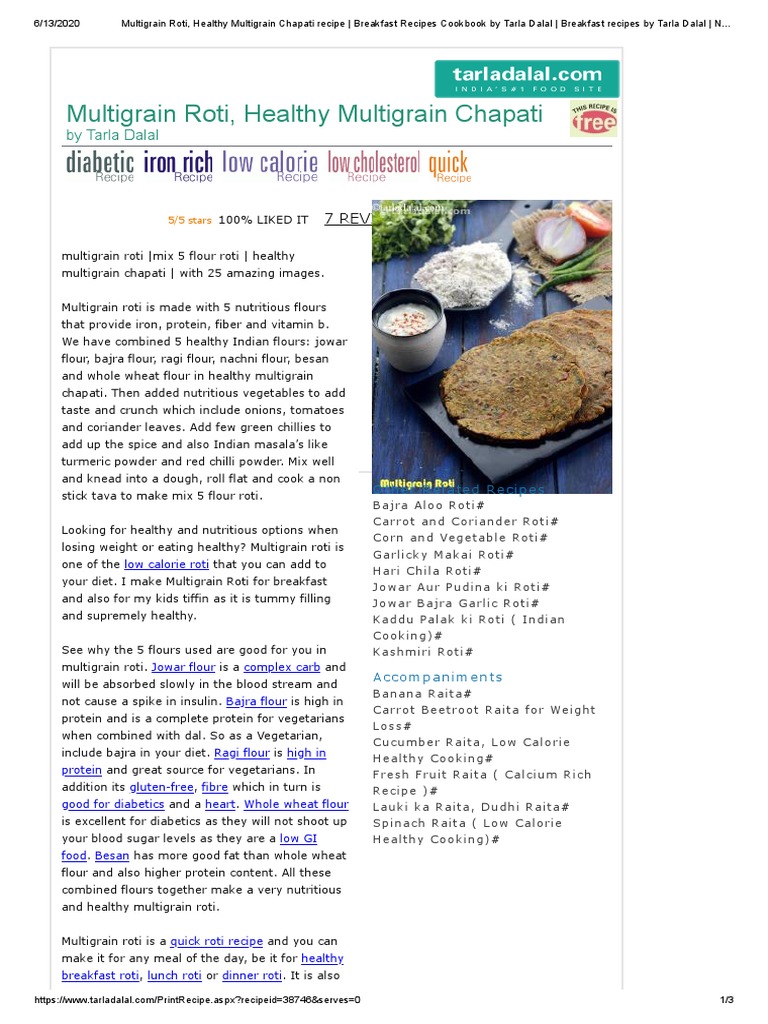 Multigrain Roti, Healthy Multigrain Chapati: by Tarla Dalal | PDF ...