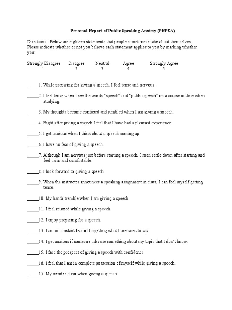 Personal Report of Public Speaking Anxiety (PRPSA) | PDF | Anxiety ...