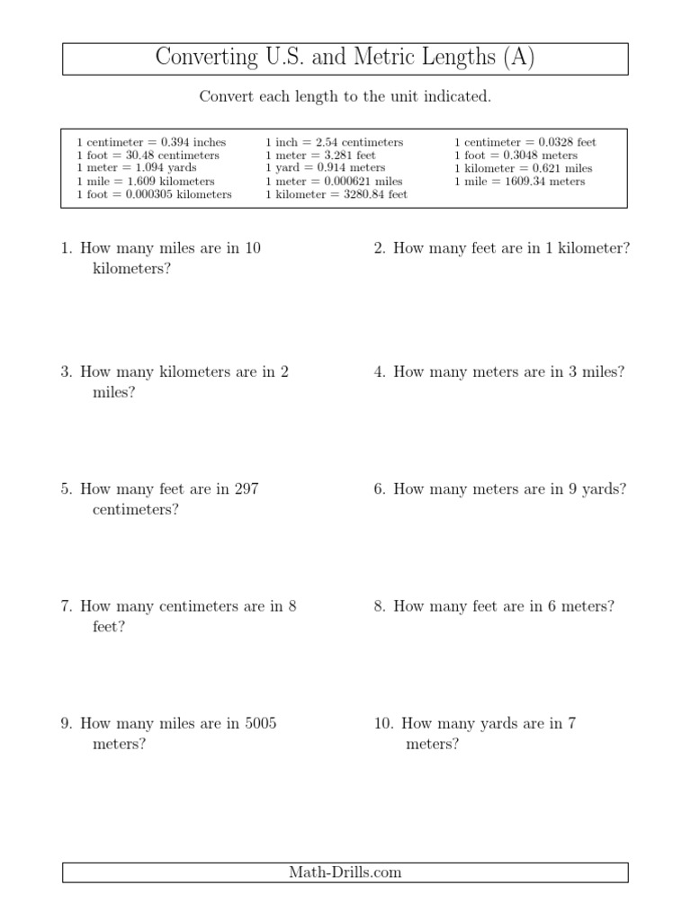 Converting U.S. and Metric Lengths (A) | PDF | Foot (Unit) | Metre