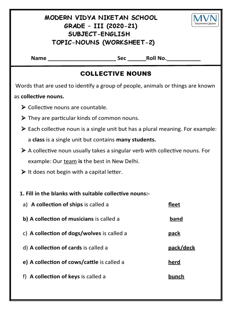 Grade 3 Collective Nouns Worksheet | PDF | Noun | Semiotics