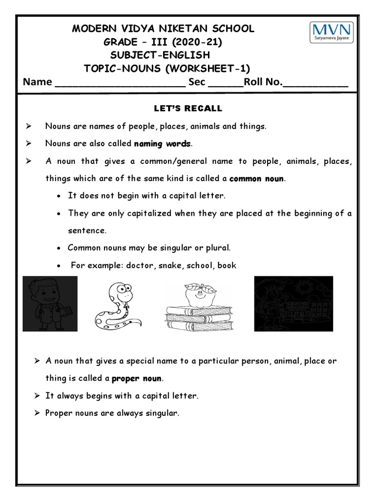 Nouns Worksheet for Grade 3 | PDF
