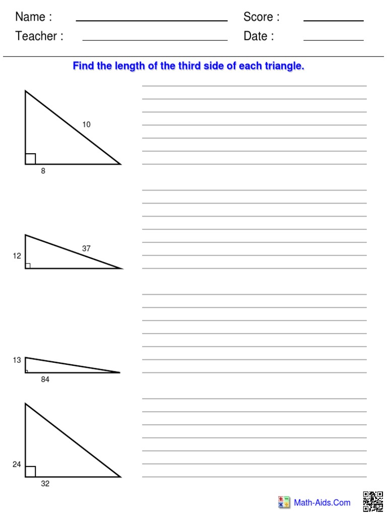 Name: Teacher: Date: Score:: Find The Length of The Third Side of Each ...