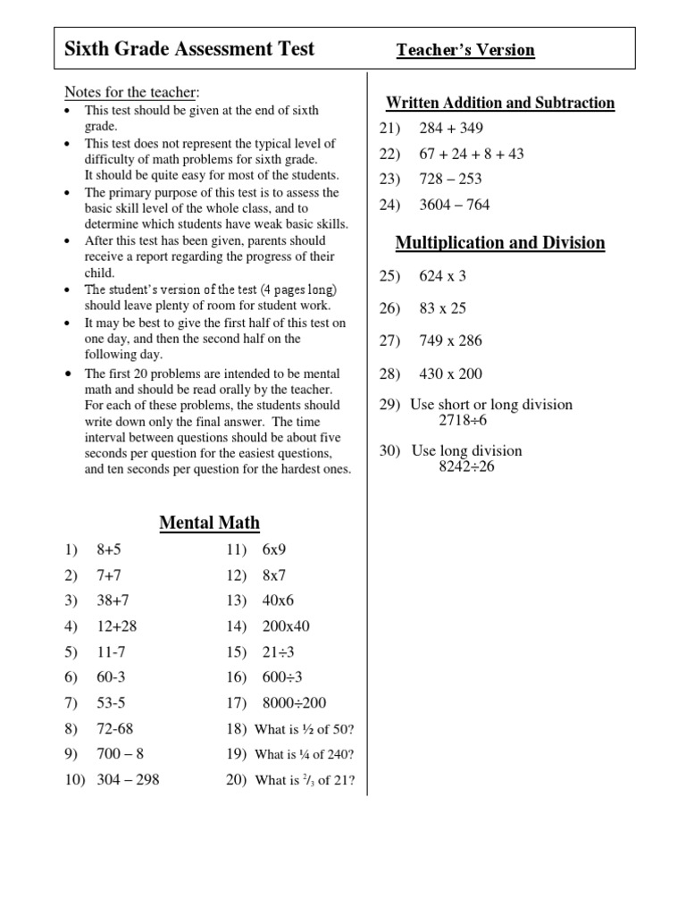 Sixth Grade Assessment Test: Teacher's Version | PDF | Fraction ...