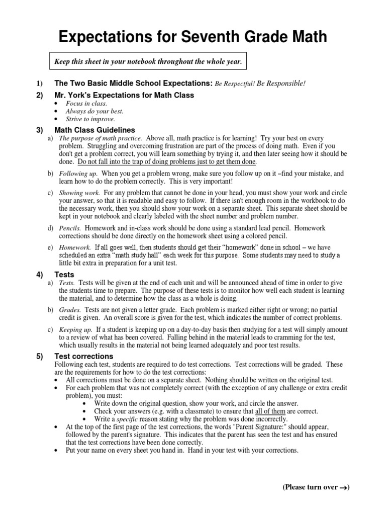 7th Grade Math Class Expectations | PDF | Test (Assessment) | Teaching
