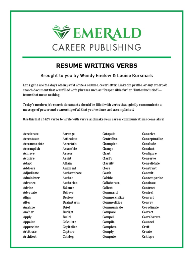 Resume Writing Verbs: Brought To You by Wendy Enelow & Louise Kursmark ...