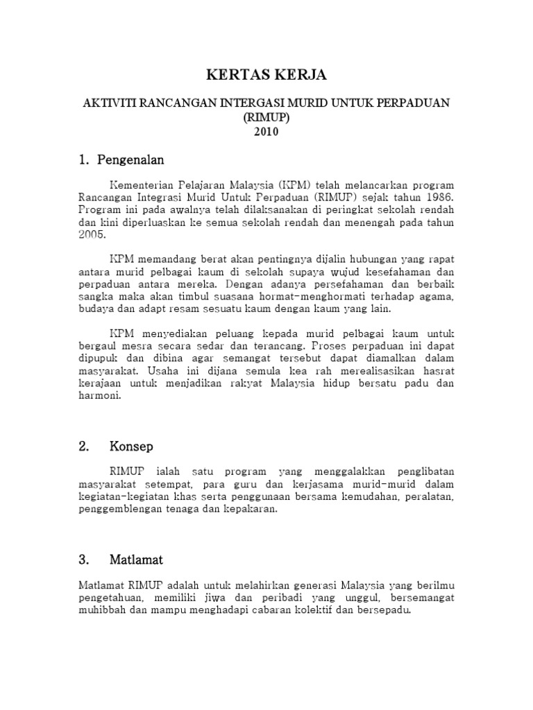 Kertas Kerja Rancangan Integrasi Murid Untuk Perpaduan RIMUP | PDF ...