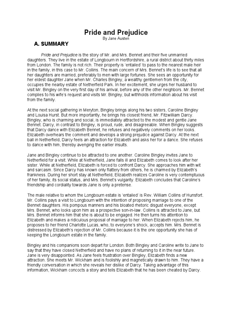 Pride and Prejudice: A. Summary | PDF | Pride And Prejudice | Mr. Darcy