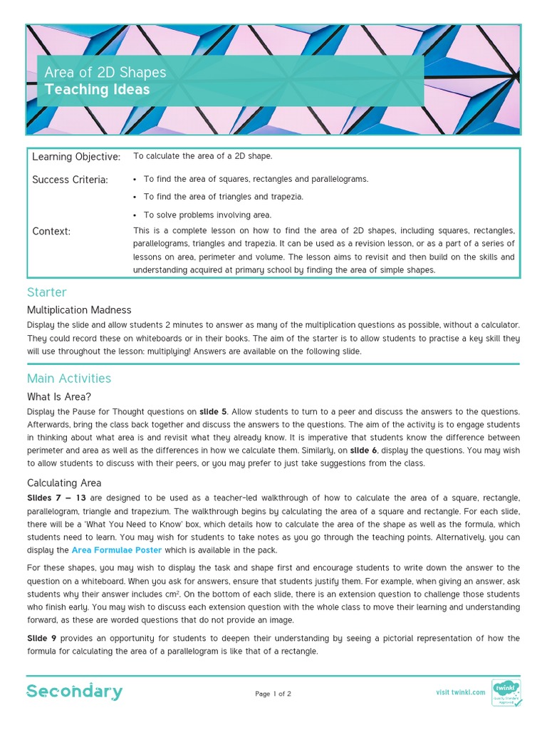 Area of 2D Shapes - Teaching Ideas | PDF | Area | Education Theory
