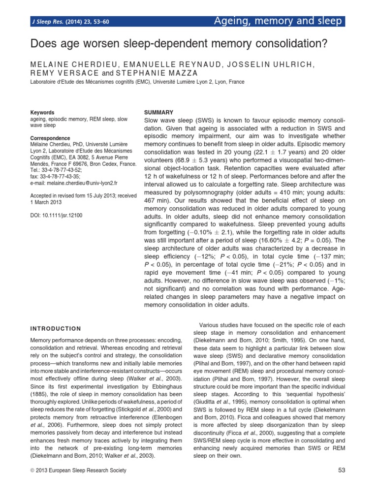 Does Age Worsen Sleep-Dependent Memory Consolidation? | PDF | Sleep ...