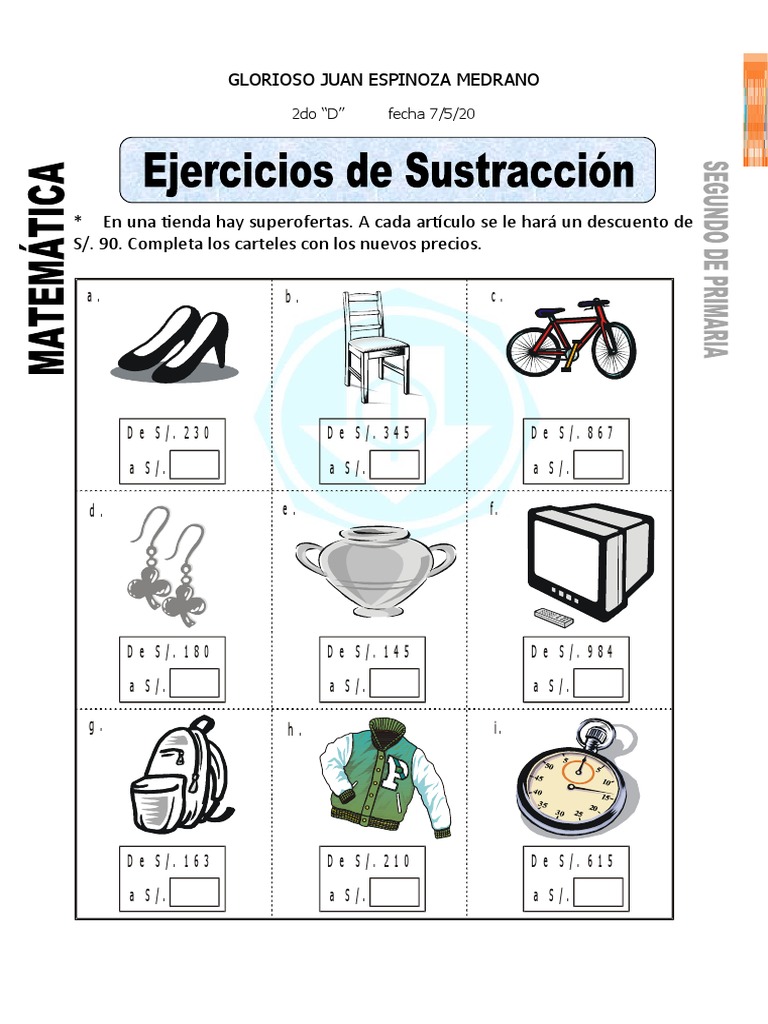 Ficha de Ejercicios de Sustraccion para Segundo de Primaria | PDF