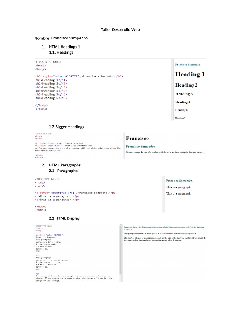 Taller Desarrollo Web Nombre: Francisco Sampedro 1. HTML Headings 1 1.1. Headings | PDF | Html ...