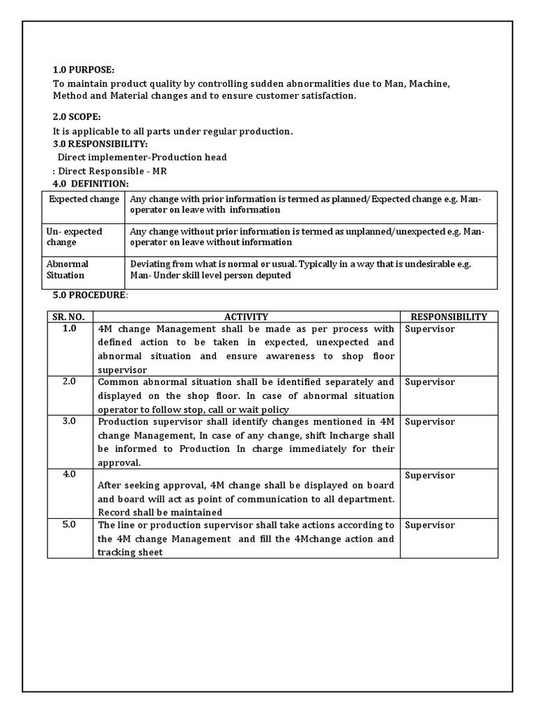 4 M Change Procedure | PDF | Supervisor | Information