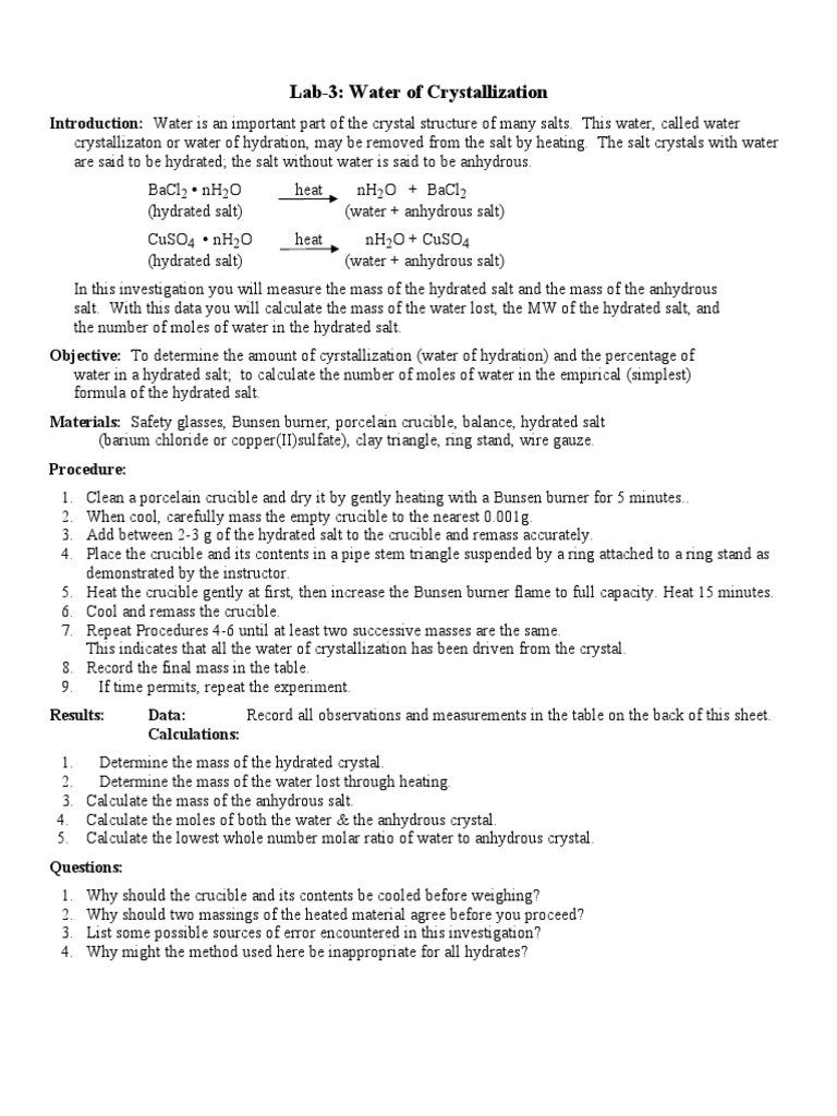 Lab-3: Water of Crystallization | PDF | Mole (Unit) | Chemistry