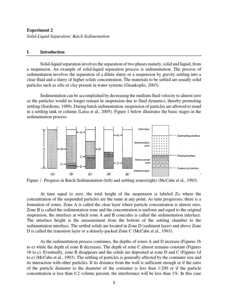 Solid-Liquid Separation: Batch Sedimentation: Experiment 2 | PDF ...