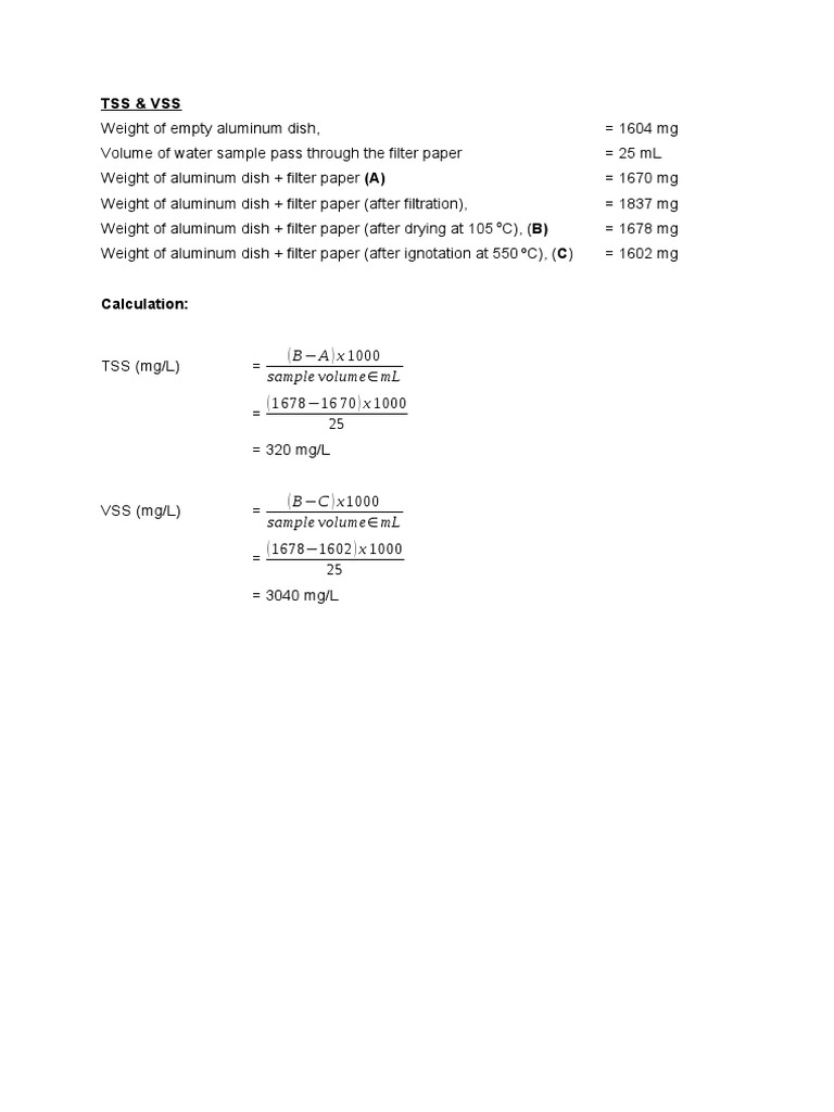 Tss & VSS: Sample Volume ML | PDF | Materials | Chemistry