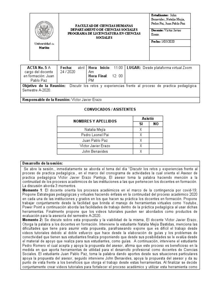 Acta 5. Asesoria Pedagogica | PDF | Maestros | Modificación de comportamiento