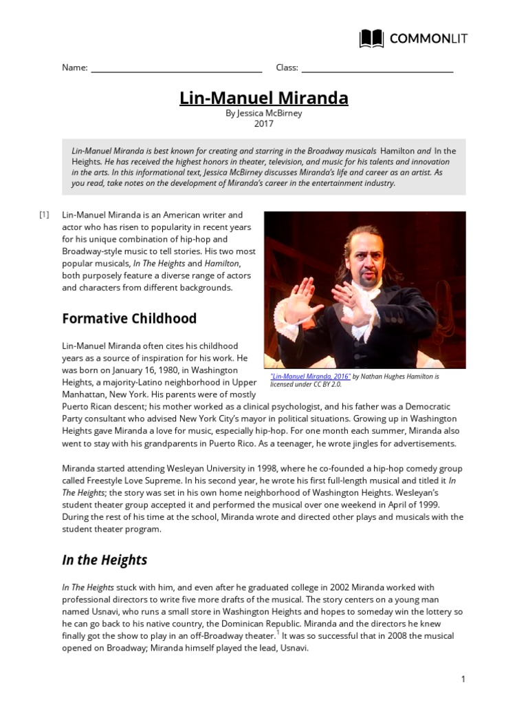 W3 Lin-Manuel Miranda Commonlit | PDF | Lin Manuel Miranda | Hamilton ...