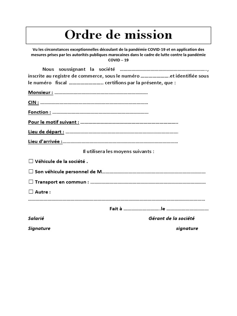 Ordre de mission COVID-19 Maroc | PDF