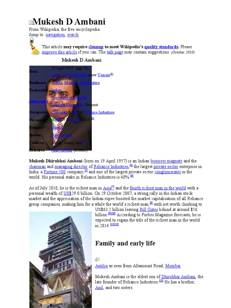 Mukesh D Ambani: Family and Early Life | PDF | Business