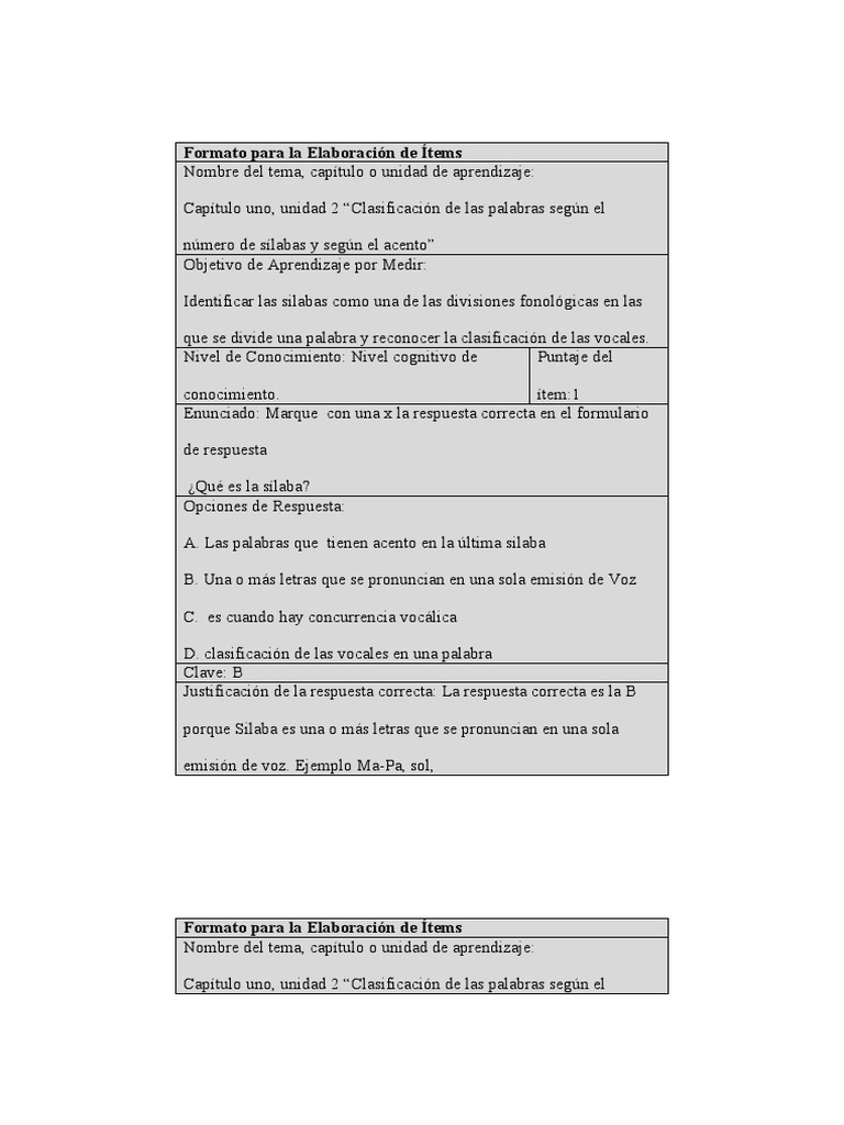 Formato para La Elaboración de Ítems | PDF | Sílaba | Vocal