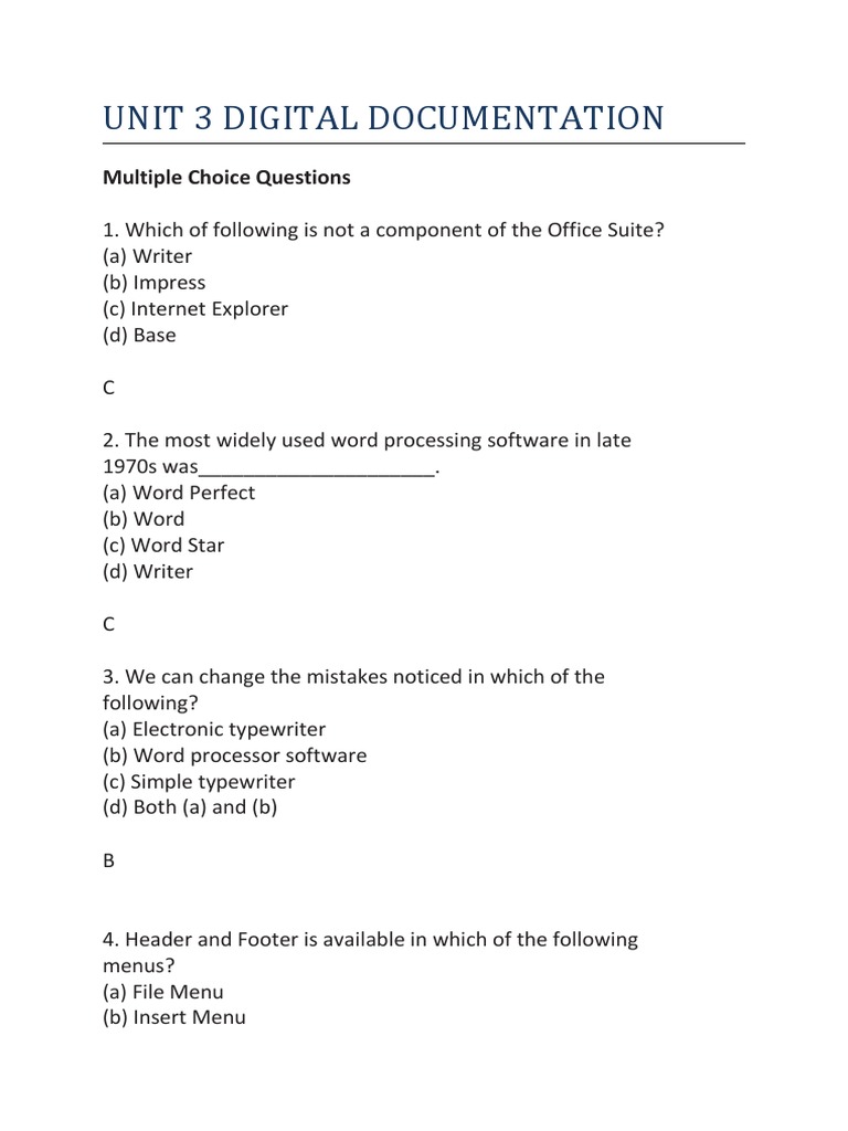 Unit 3 Digital Documentation: Multiple Choice Questions | PDF | Menu | Menu (Computing)