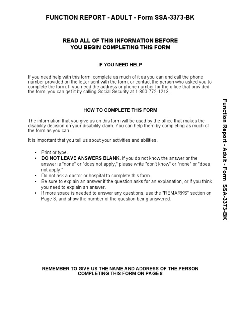 Function Report - Adult - Form Ssa-3373-Bk: Read All of This ...
