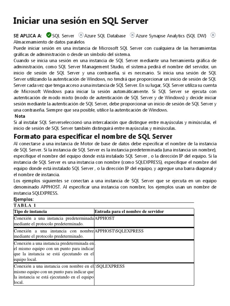 Iniciar Una Sesión en SQL Server PDF | PDF | Servidor SQL de Microsoft ...