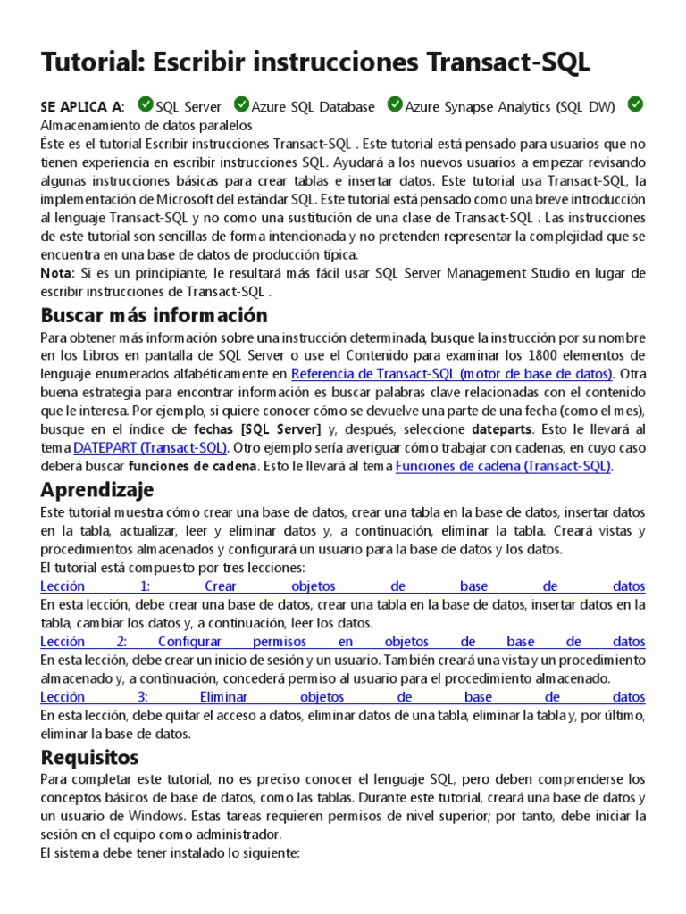 Tutorial Escribir Instrucciones Transact-SQL | PDF | Servidor SQL de Microsoft | SQL