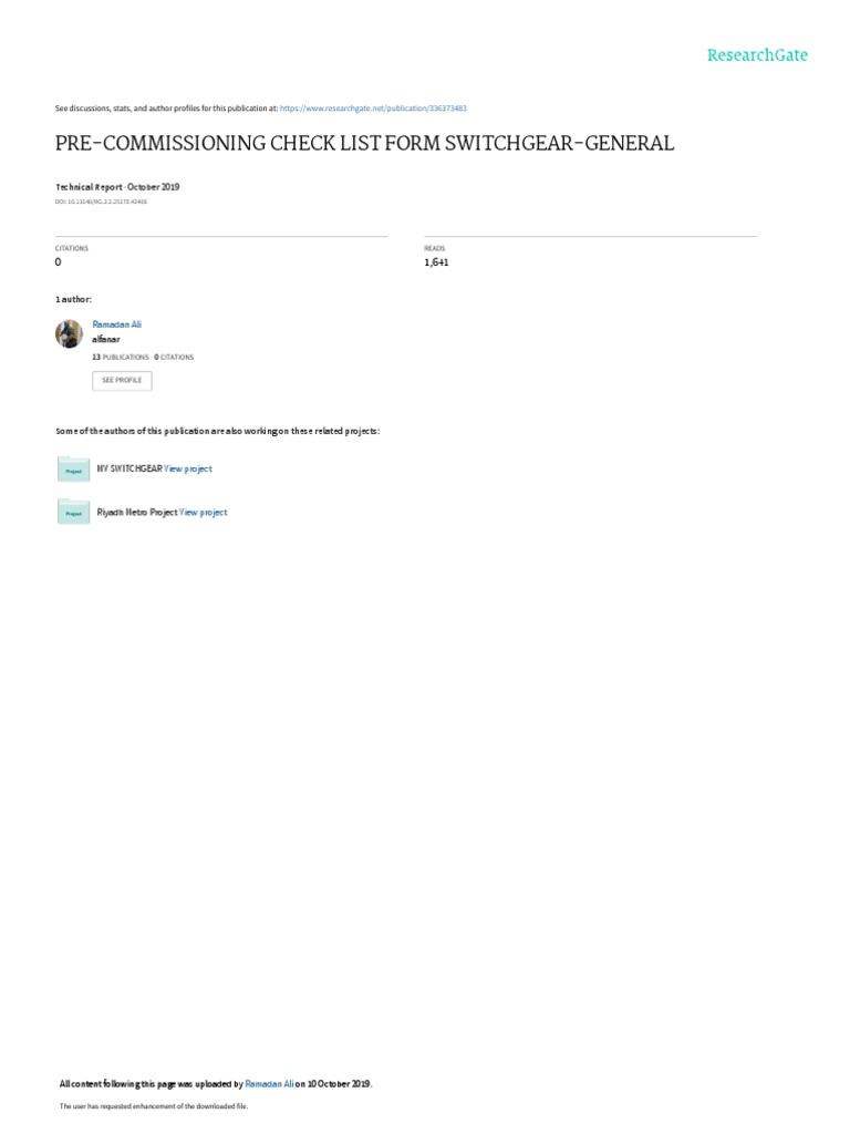 Pre-Commissioning Check List Form Switchgear-General: October 2019 ...