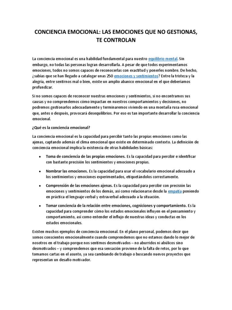 Conciencia Emocional Pdf Las Emociones Cerebro