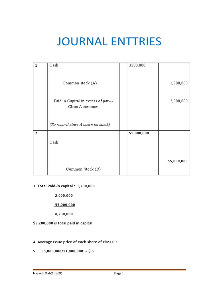 Journal Enttries: (To Record Class A Common Stock) | PDF