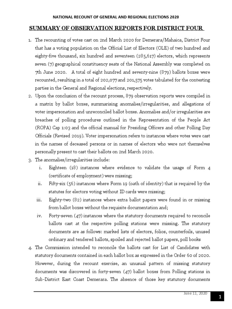 Summary of Observation Reports District 4 | PDF | Voting | Elections