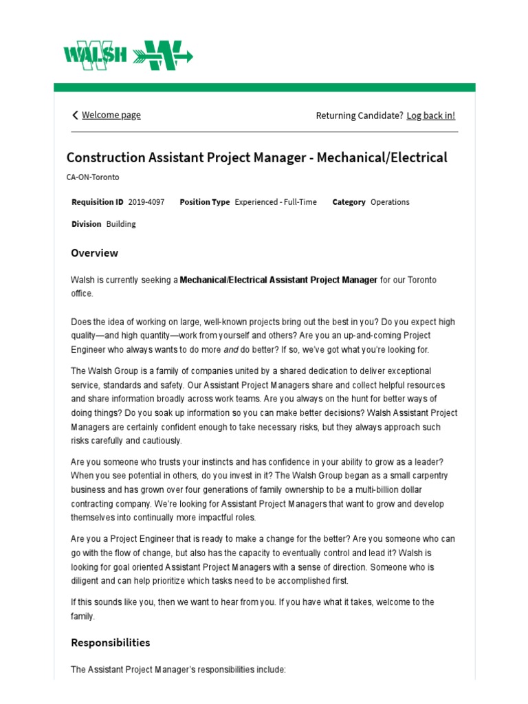 Construction Assistant Project Manager - Mechanical - Electrical in ...