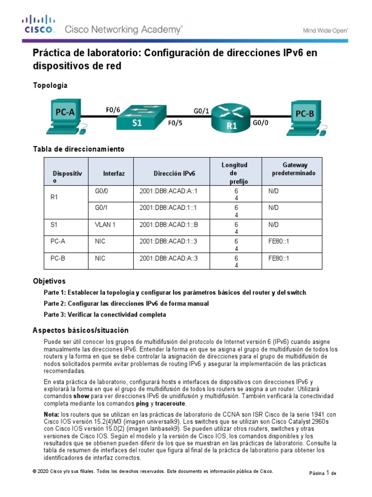 7.2.5.4 Lab - Configuring IPv6 Addresses On Network Devices | PDF | Yo Pv6 | Controlador de ...