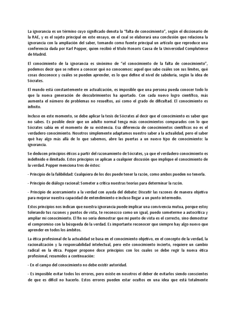 Ensayo Conocimiento De La Ignorancia Pdf Ignorancia Karl Popper