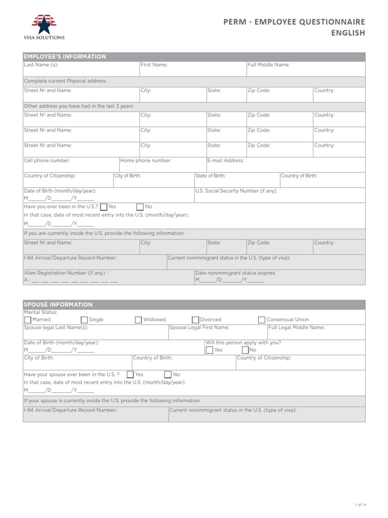 Employee Work and Residence History Questionnaire for PERM Labor ...