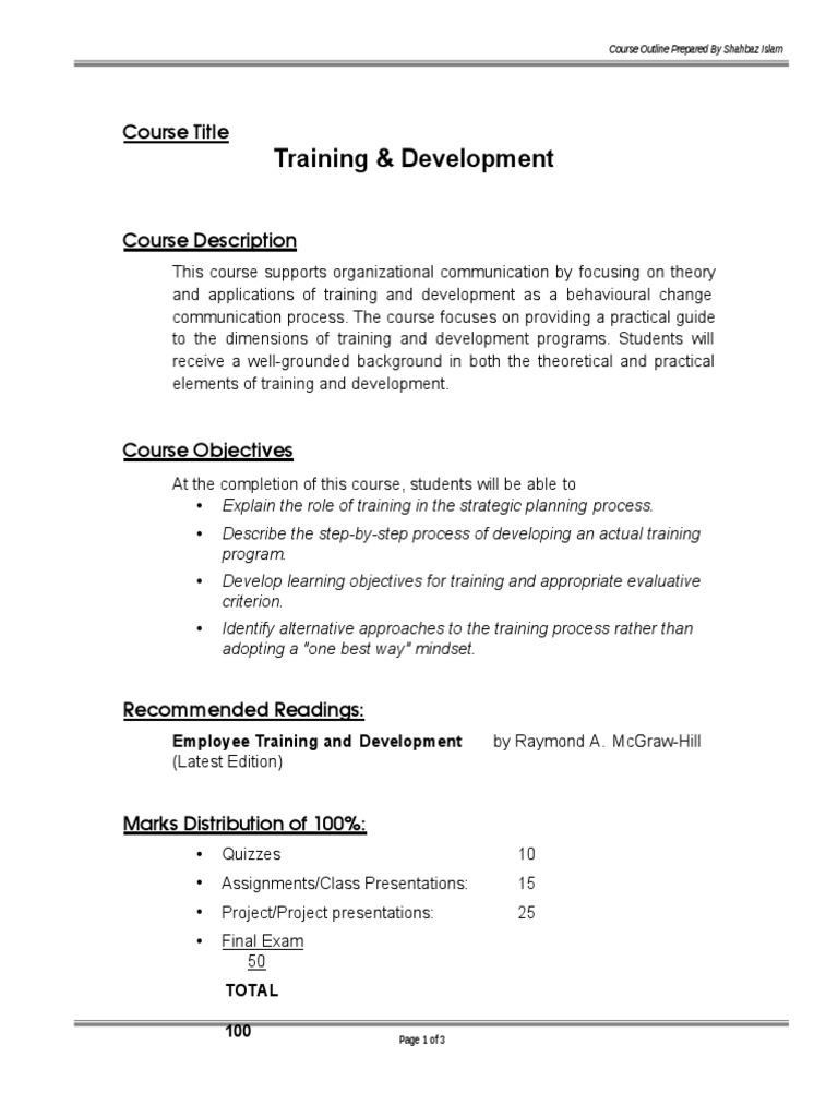 Training & Development Course Outline | PDF | Needs Assessment ...